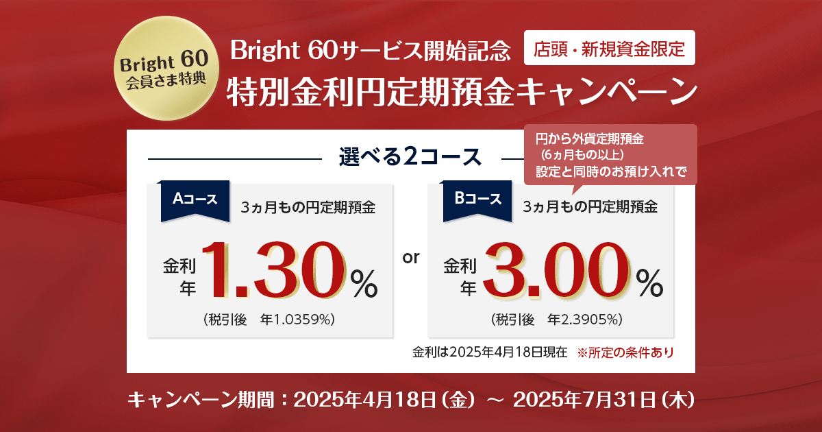 【Bright 60会員さま特典】会員サービス開始記念★特別金利円定期預金キャンペーン！| SBI新生銀行